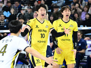 [사진]블로킹 성공에 기뻐하는 KB손해보험 나경복 - OSEN